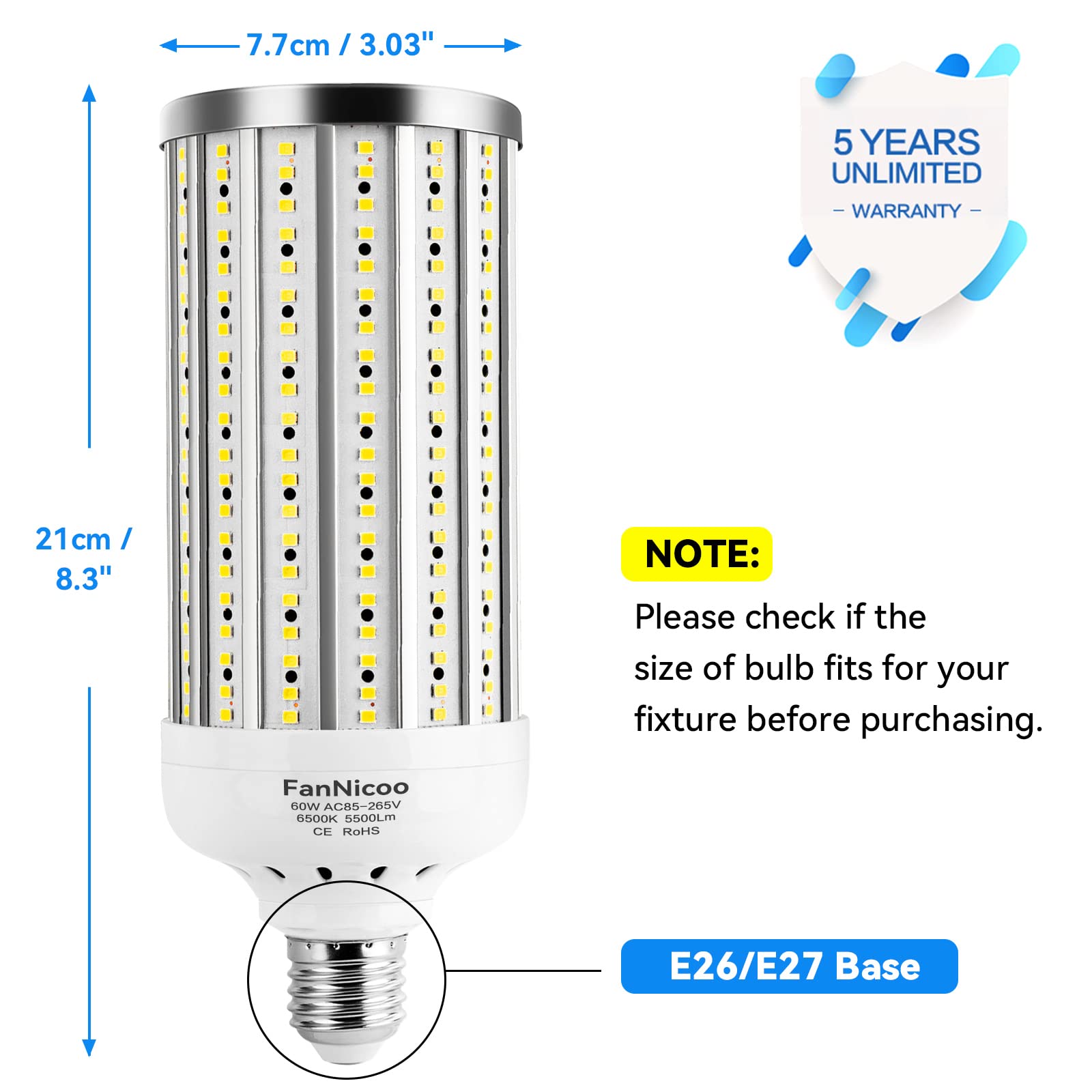 2 Pack 500W Equivalent LED Corn Light Bulb 5500 Lumen 6500K 60W Large ...